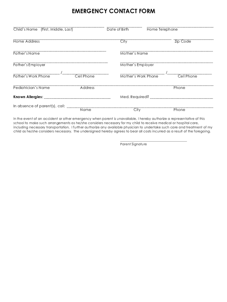 Fillable Online Child Care Emergency Contact Information and Consent ...