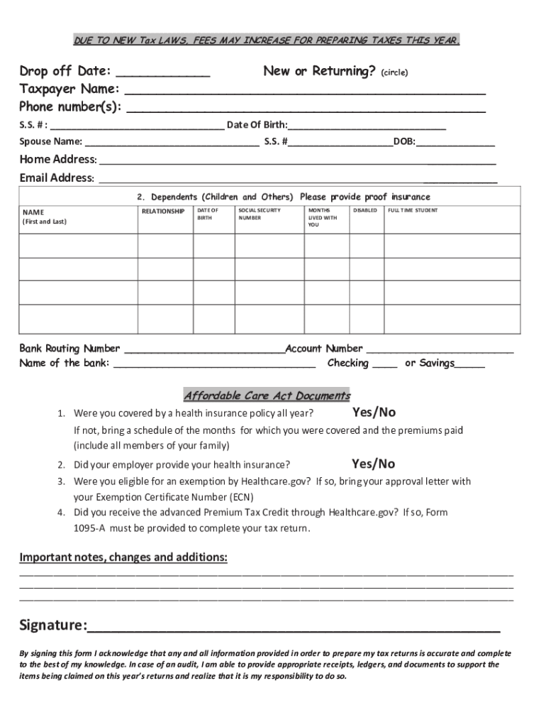 Fillable Online Tax Return INTAKE FORM Fax Email Print - pdfFiller