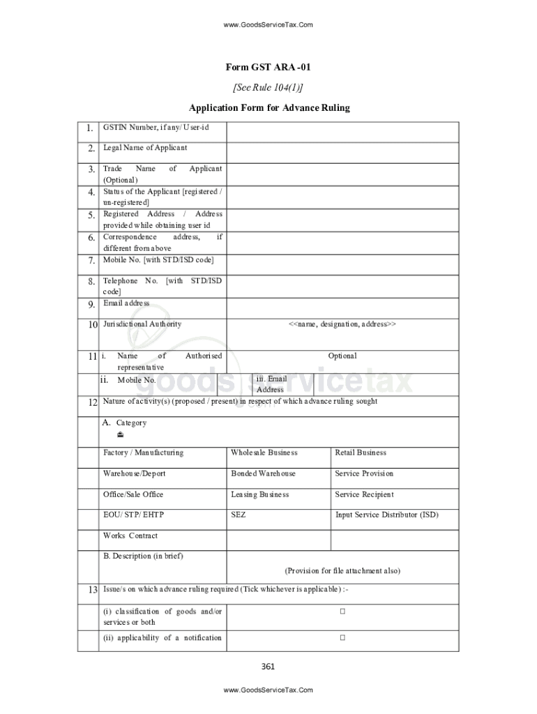 Fillable Online Form GST ARA -01 See Rule 104(1) Application Form for ...