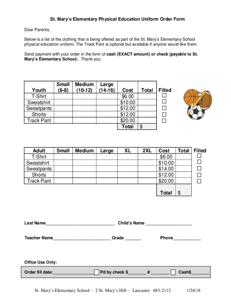 Fillable Online St. Marys Elementary Physical Education Uniform Order ...