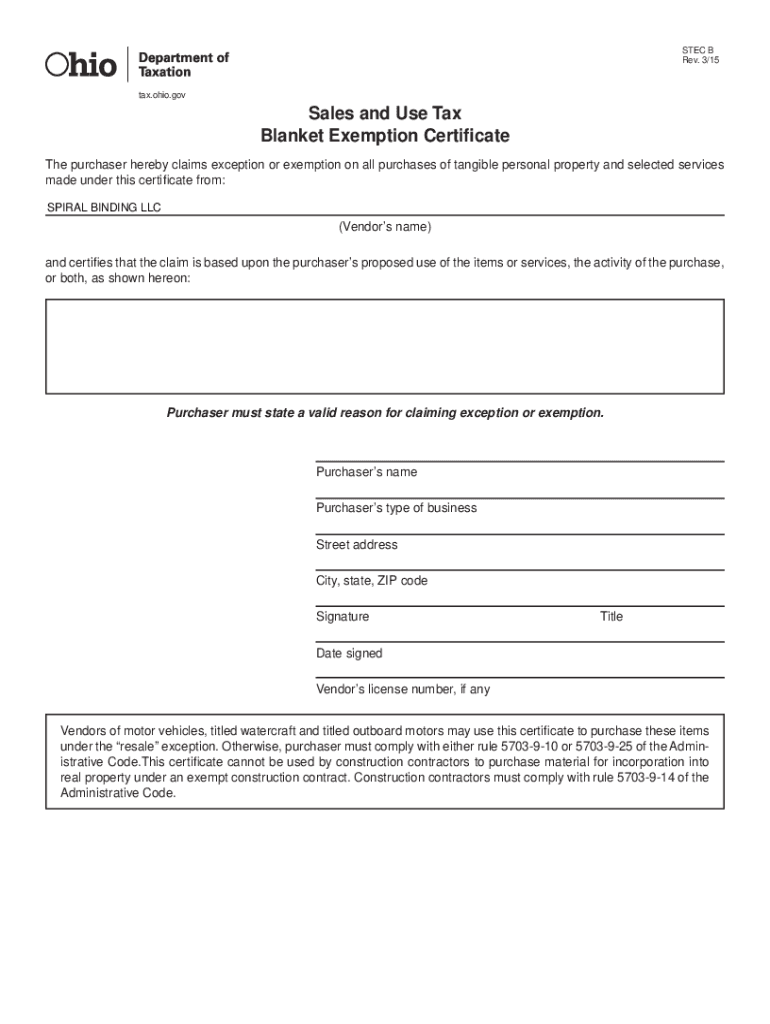 Fillable Online Exemption Certificate Forms - Ohio Department of ...