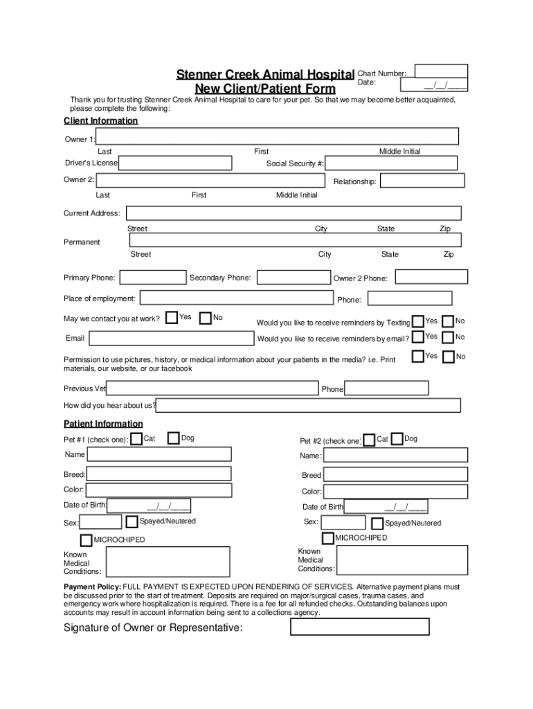 Fillable Online Stenner Creek Animal Hospital New Client/Patient Form ...