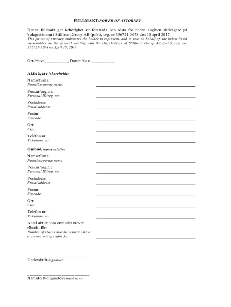 Fillable Online Fillable Online FULLMAKT/POWER OF ATTORNEY - stillfront ... Fax Email Print ...