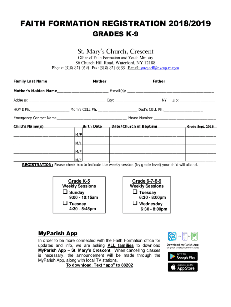 Fillable Online 2018-2019 CHILDRENS FAITH FORMATION REGISTRATION FORM ...