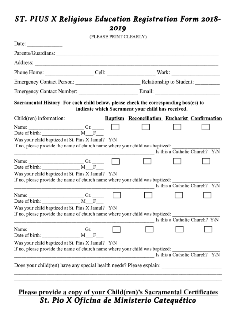Fillable Online RELIGIOUS EDUCATION RE-REGISTRATION FORM Please ...