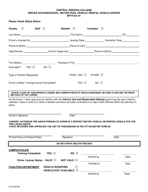 Fillable Online Motor Pool Form #1 - Central Arizona College Fax Email ...