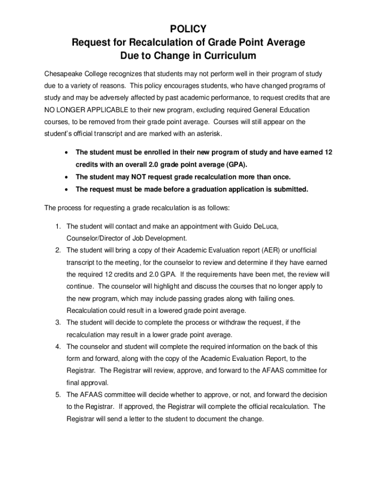 Fillable Online POLICY Request for Recalculation of Grade Point Average ...