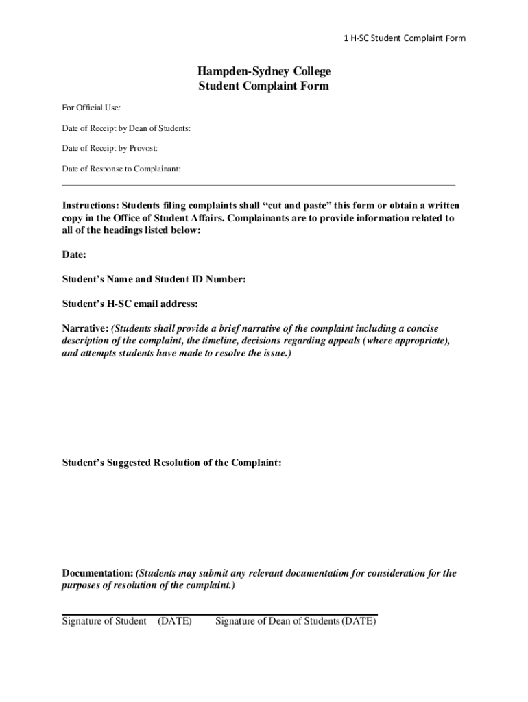 Fillable Online Hampden-Sydney College Student Complaint Form Fax Email Print - pdfFiller