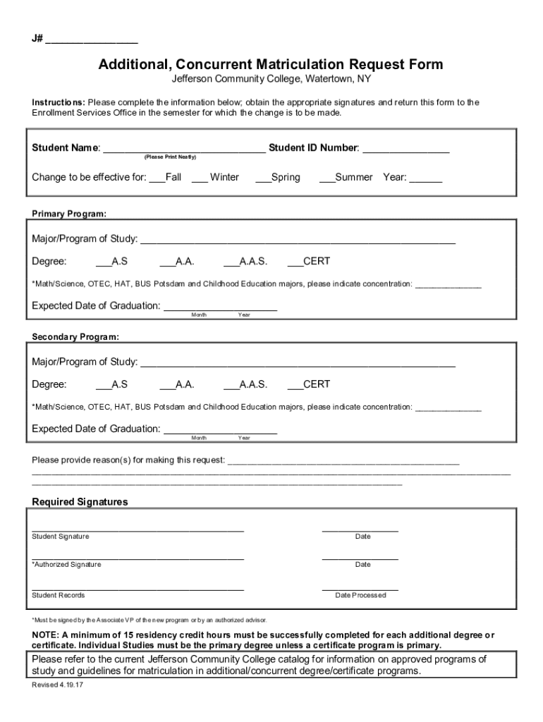 Fillable Online Additional, Concurrent Matriculation Form Fax Email ...
