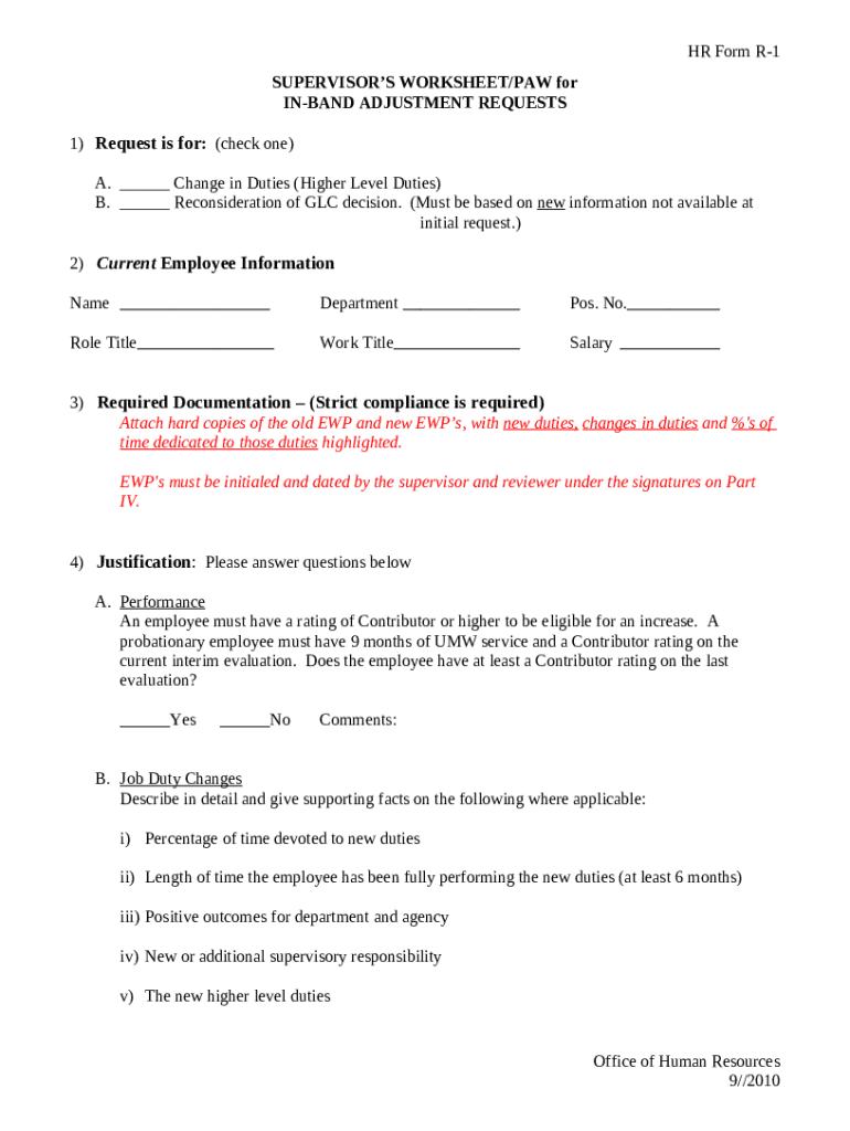 SUPERVISORS WORKSHEET FOR IN-BAND ADJUSTMENT REQUEST - adminfinance umw ...
