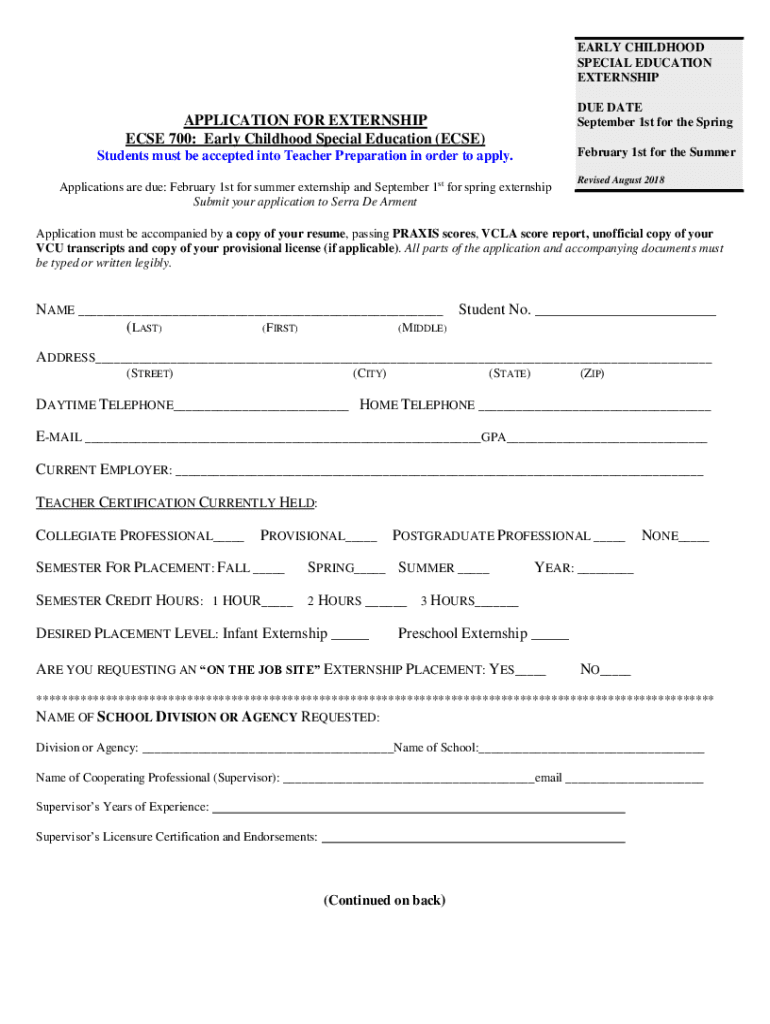 Fillable Online soe vcu APPLICATION FOR EXTERNSHIPTEDU/EDUS700 ...