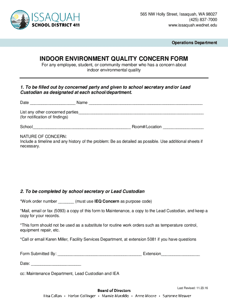 Fillable Online Indoor Environment Facility Concern Form Instructions ...