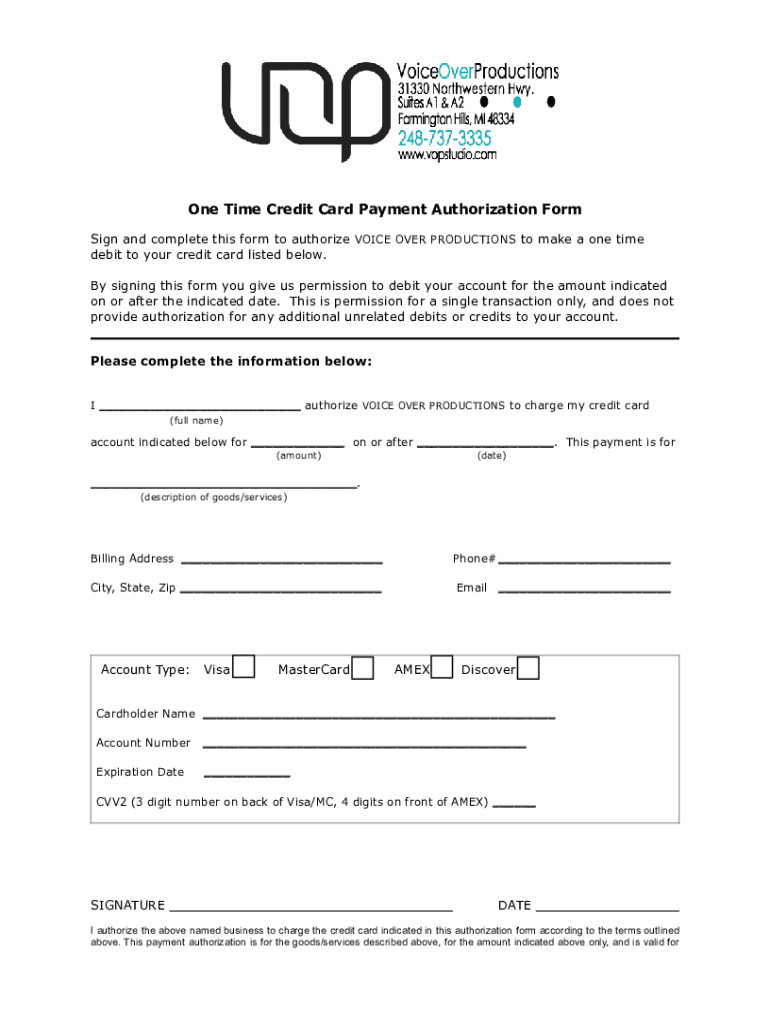 Fillable Online One Time Credit Card Payment Authorization FormFree ...