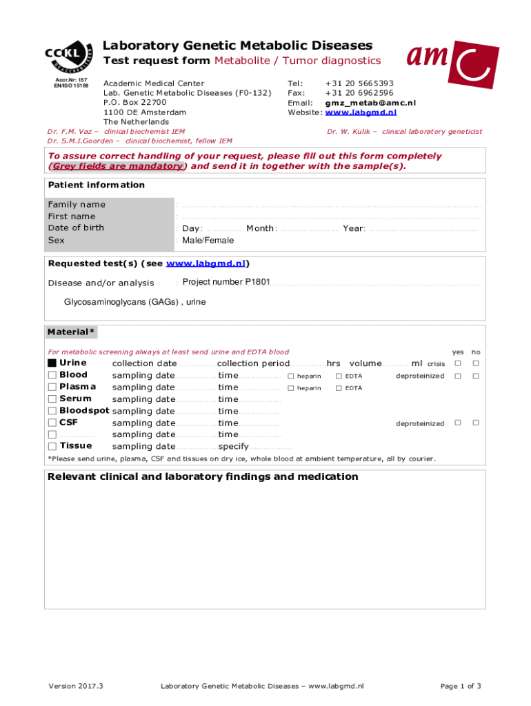 Fillable Online Laboratory Genetic Metabolic Diseases - Labs - GTR ...