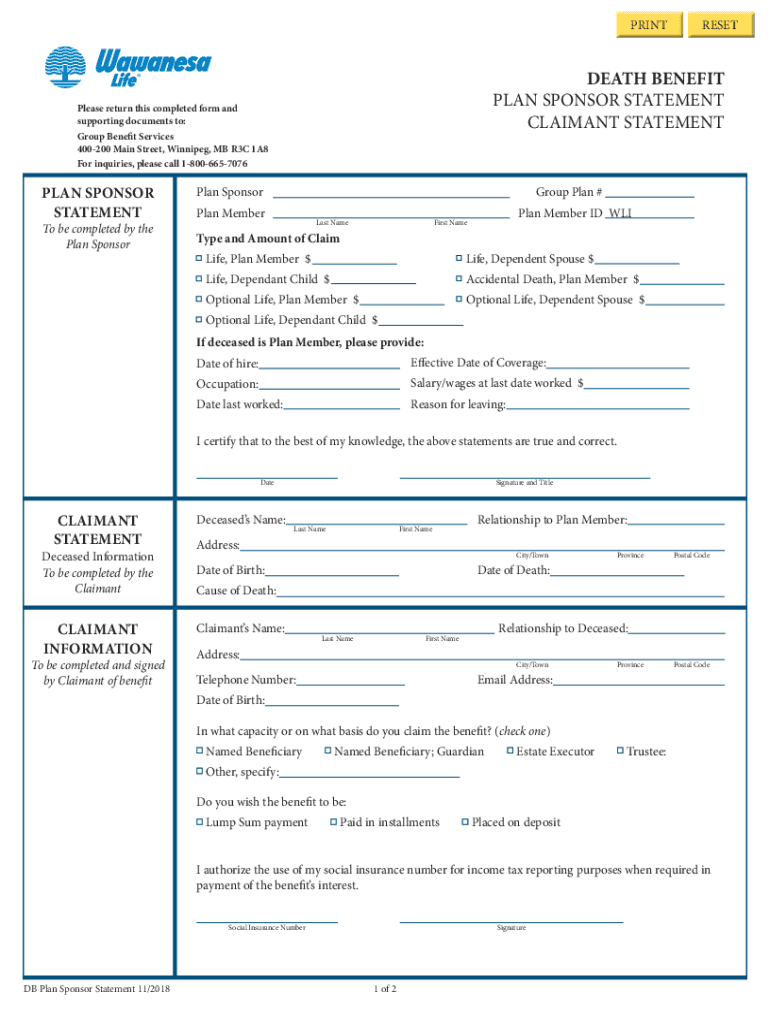 Fillable Online Group Benefits Plan Sponsor Statement Short Term Group ...
