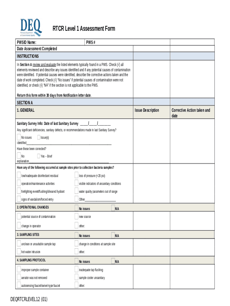 PDF RTCR Level 1 Assessment - US EPA - deq mt Doc Template | pdfFiller
