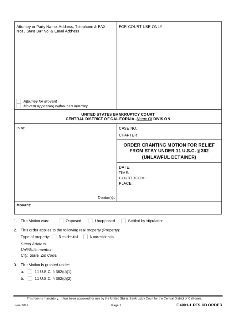 ORDER GRANTING MOTION FOR RELIEF FROM STAY UNDER 11 U Doc Template ...