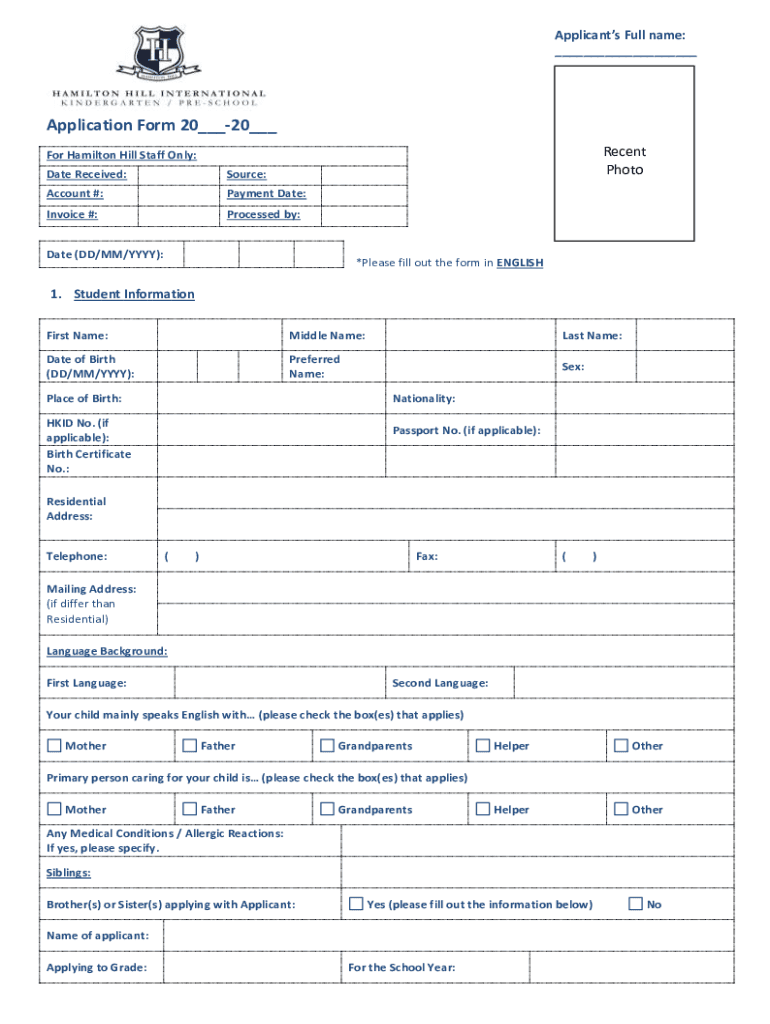Fillable Online Application Form 20 -20 - hhik.edu.hk Fax Email Print - pdfFiller