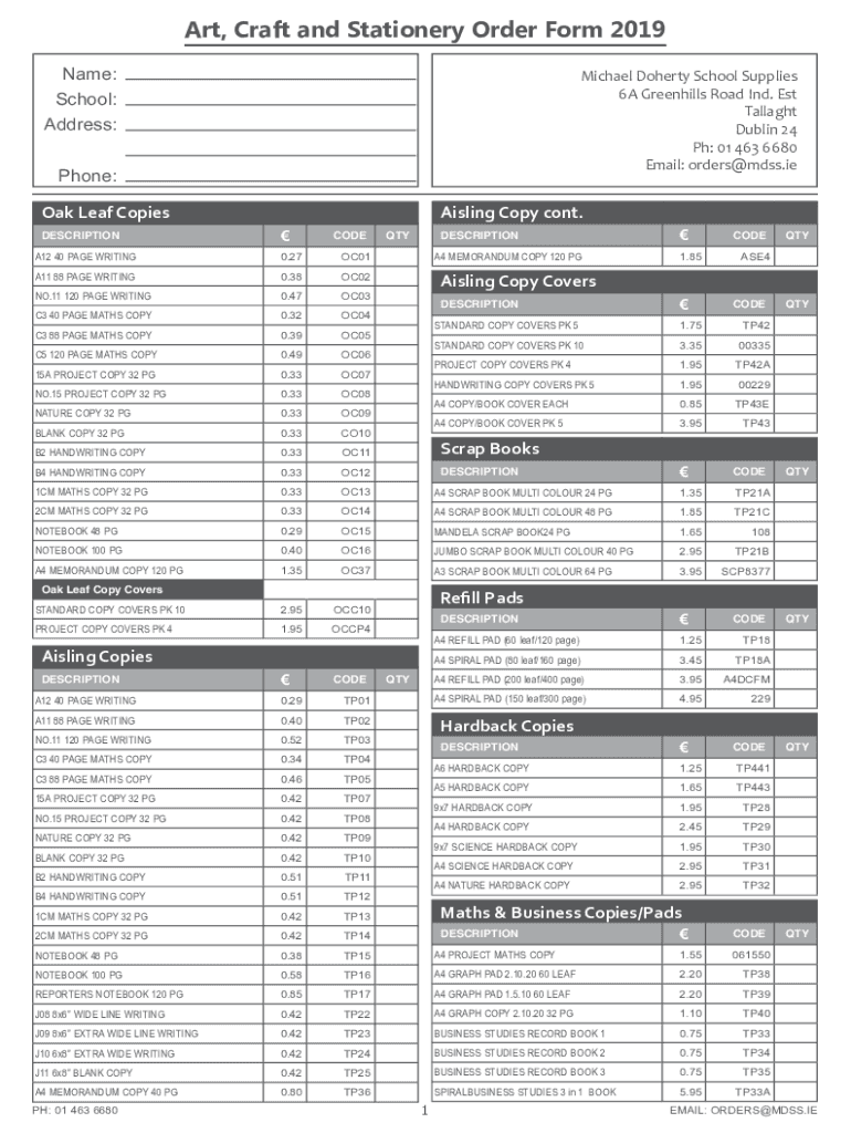 Fillable Online Art, Craft and Stationery Order Form 2019 - Michael ...