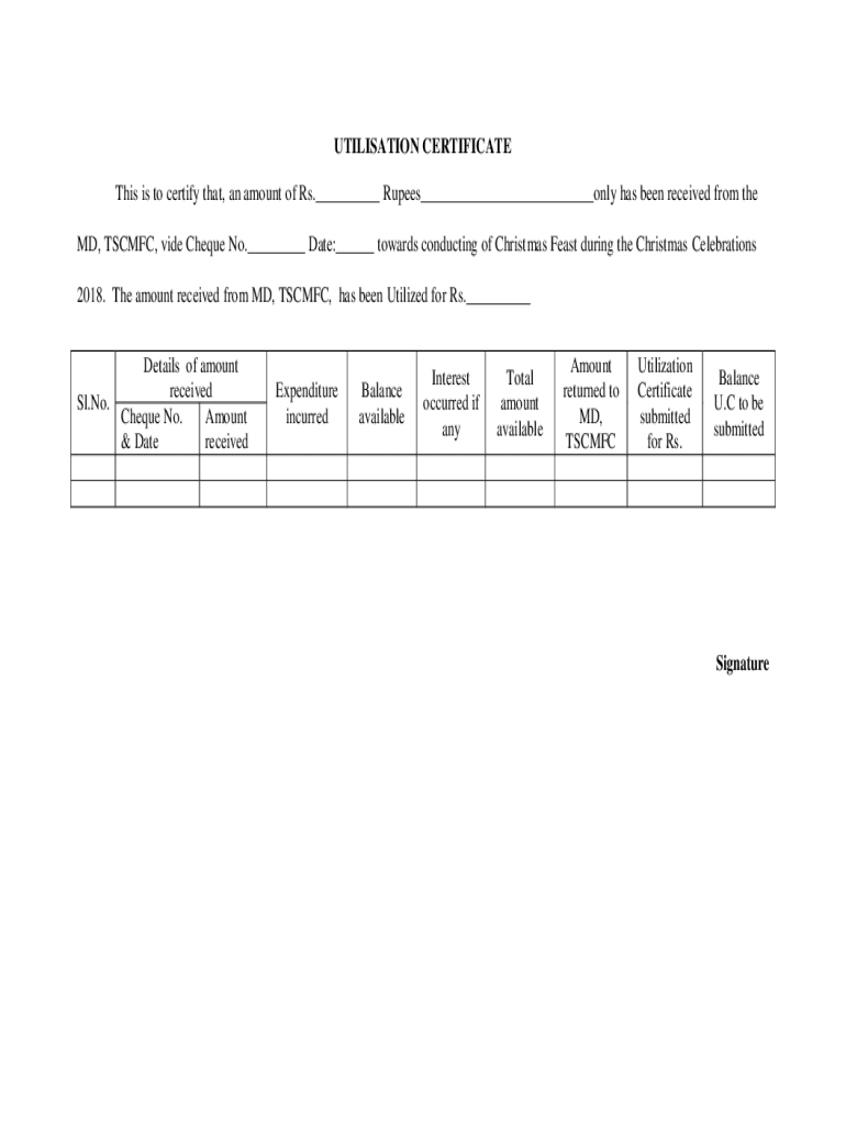 Fillable Online UTILISATION CERTIFICATE This is to certify that, an ...