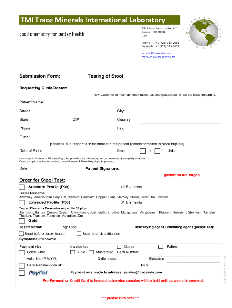 Fillable Online Submission Form - Testing of Stool. Submission Form ...