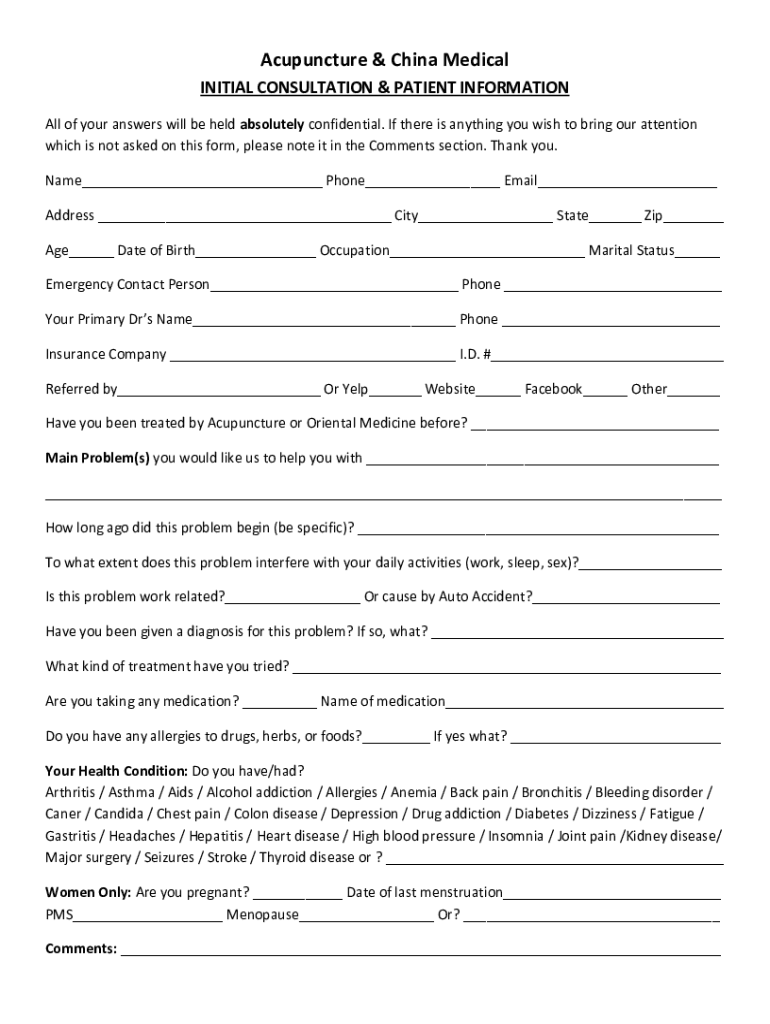Fillable Online Acupuncture PATIENT INFORMATION SHEET Fax Email Print ...