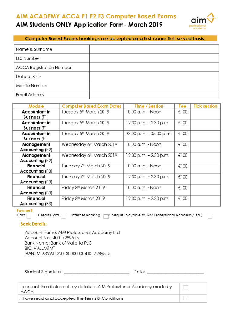 Fillable Online AIM ACADEMY ACCA F1 F3 Computer Based Exams Application ...