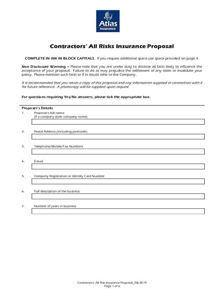 Fillable Online Erection All Risks Insurance Proposal - People you can ...