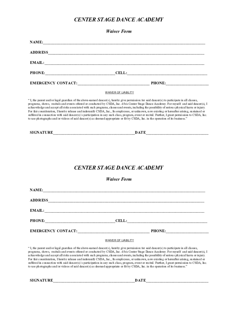 Fillable Online CSD Registration Form - Center Stage Dance Academy Fax ...