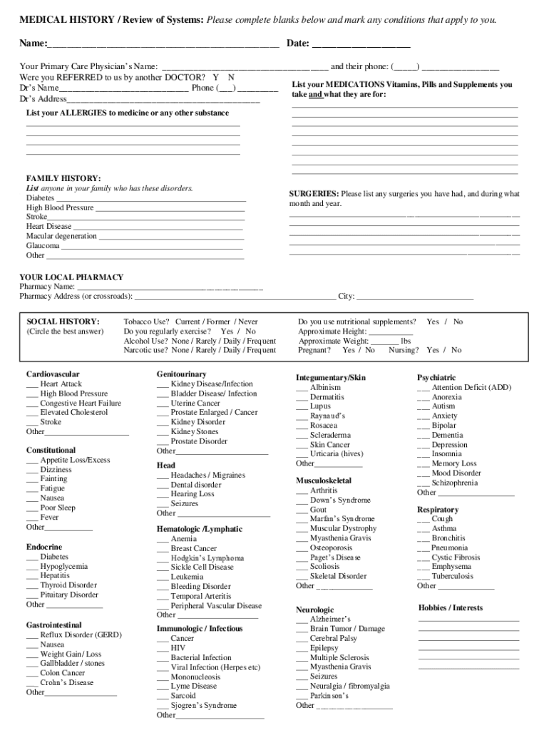 Fillable Online MEDICAL HISTORY AND REVIEW FORM Fax Email Print - pdfFiller