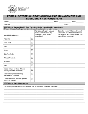 Fillable Online form 4 - severe allergy/anaphylaxis management and ...