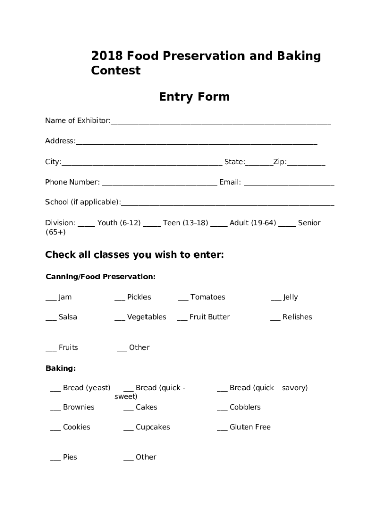 2018 Canning and Baking Entery Doc Template | pdfFiller