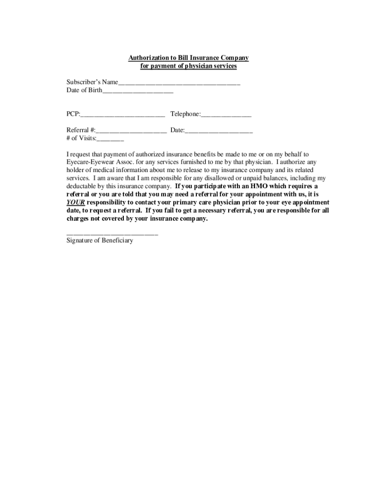 Fillable Online Authorization to Bill Insurance Company for payment of ...
