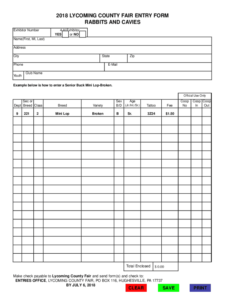 Fillable Online 2018 NYS Fair 4H Rabbit and Cavy Day of Show Entry Form ...