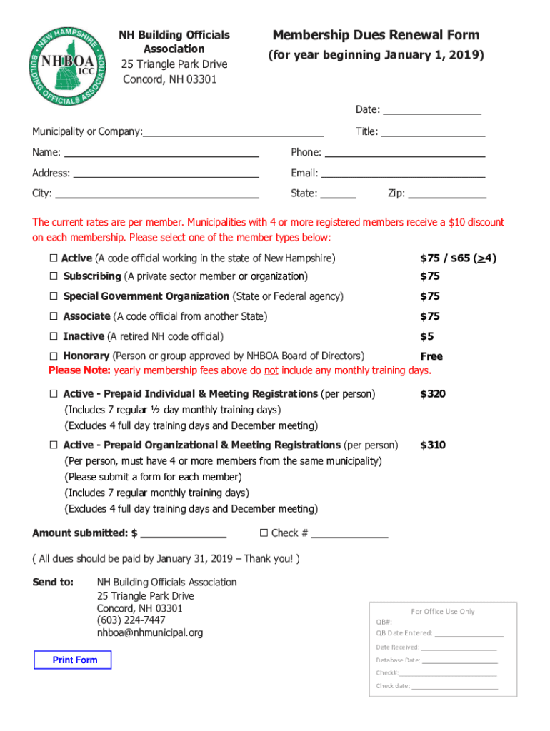 Fillable Online NH Building Officials Membership Dues Renewal Form ...