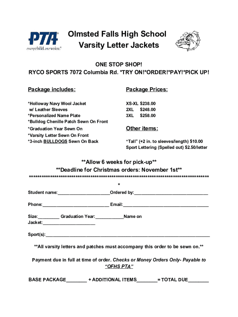Fillable Online Olmsted Falls High School Varsity Letter Jackets Fax Email Print - pdfFiller