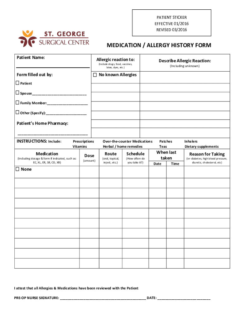 Fillable Online MEDICATION / ALLERGY HISTORY FORM Fax Email Print ...