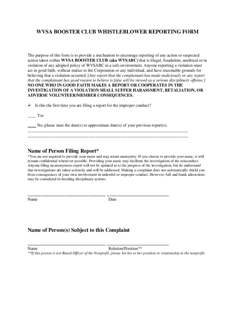 Fillable Online WVSA BOOSTER CLUB WHISTLEBLOWER REPORTING FORM Fax ...