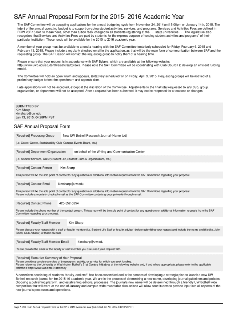 Fillable Online Get the SAF Annual Proposal Form for the 2015- 2016 ...
