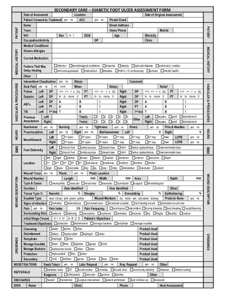 Fillable Online nzwcs org DIABETIC FOOT ULCER ASSESSMENT FORM Fax Email ...