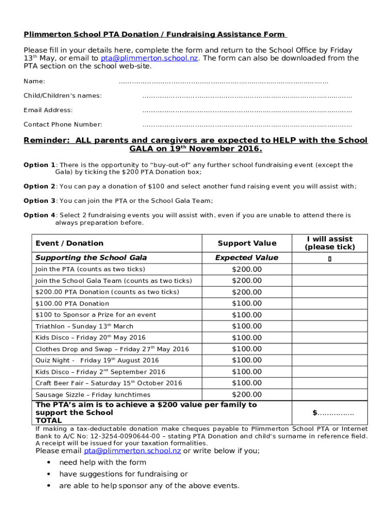 Plimmerton School PTA Donation/Fundraising Assistance Doc Template ...