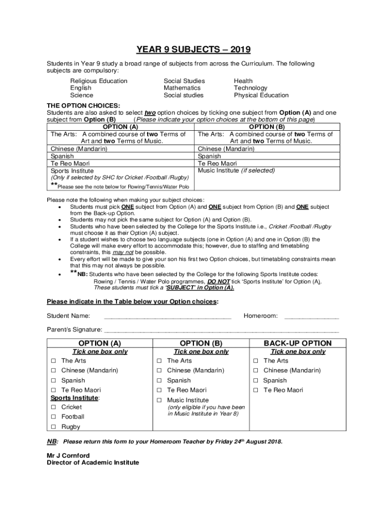 Fillable Online Students in Year 9 study a broad range of subjects from ...