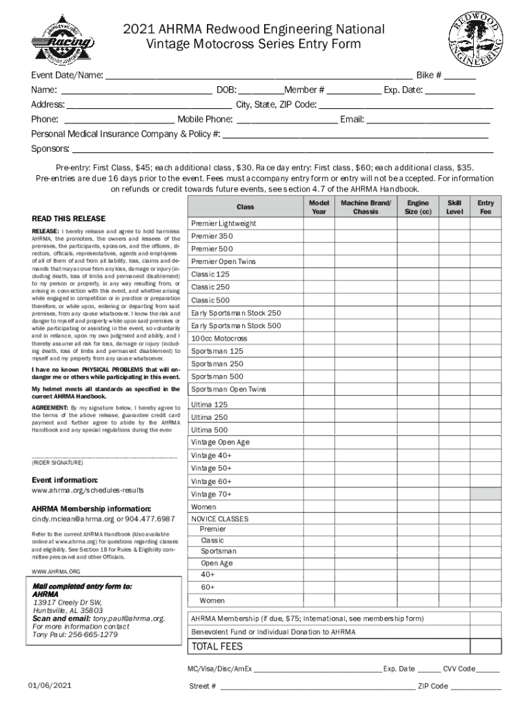 Fillable Online AHRMA Redwood Engineering National Vintage Motocross ...