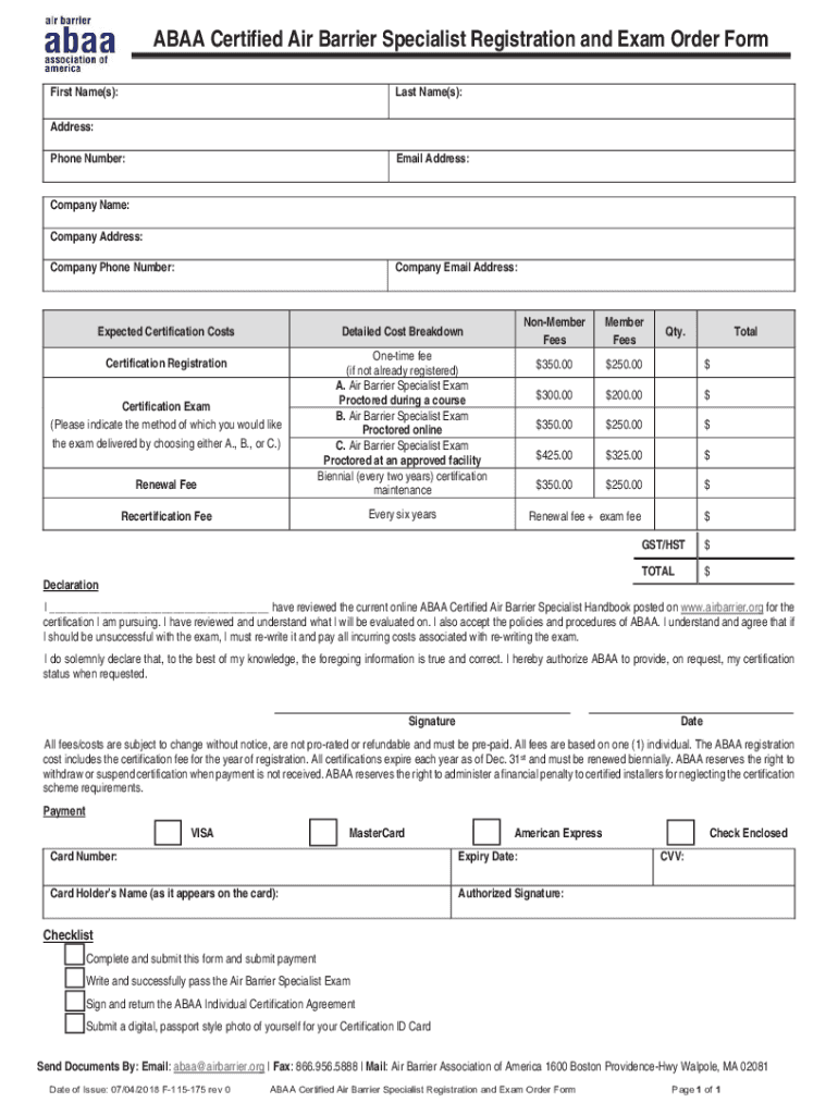 Fillable Online ABAA Certified Air Barrier Specialist Registration and ...