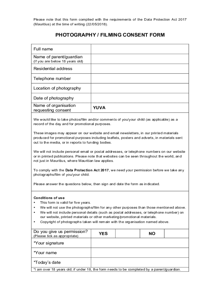 Fillable Online PHOTOGRAPHY / FILMING CONSENT FORM - YUVA Mauritius Fax ...