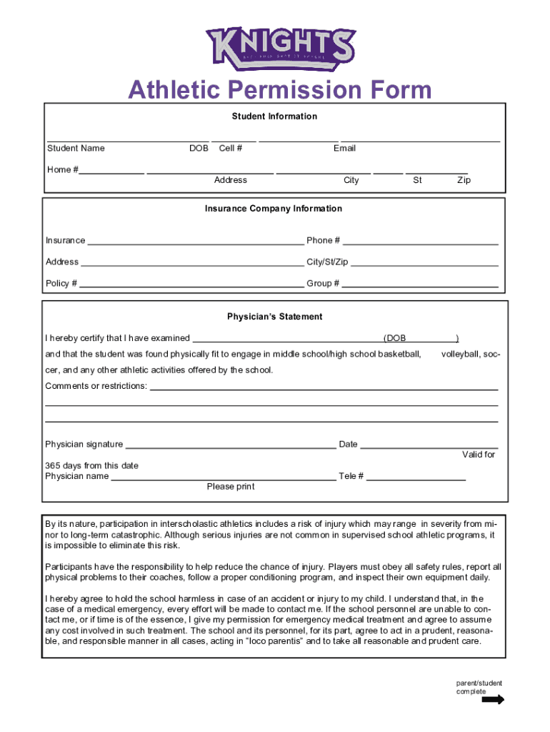 Fillable Online Athletic Participation Permission Form Student Information Fax Email Print ...