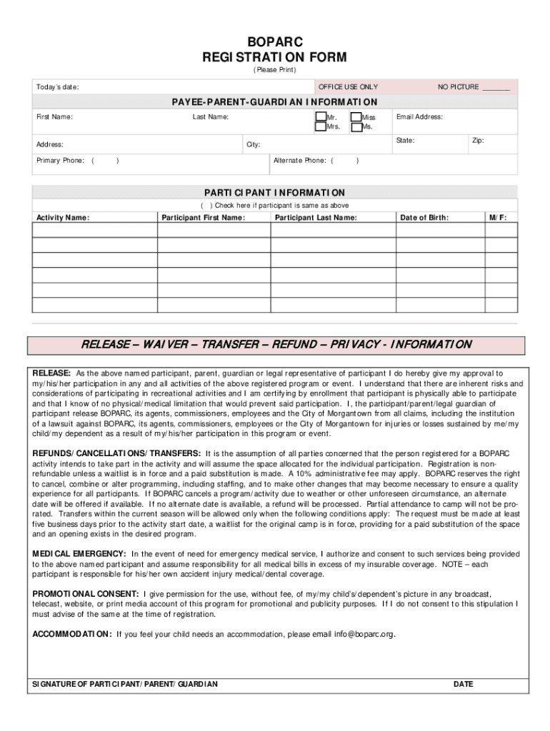 Fillable Online BOPARC REGISTRATION FORM Fax Email Print - pdfFiller