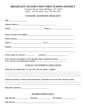 Fillable Online Vendor Addition Form - Briarcliff Manor Union Free ...