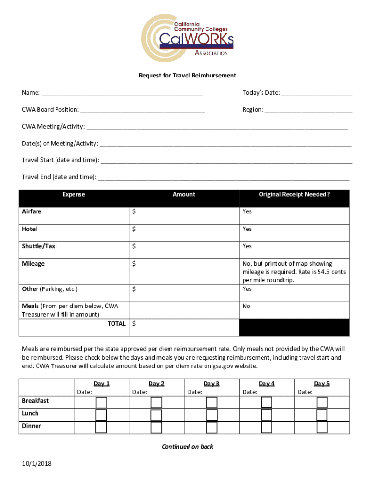 Fillable Online Request for Travel Reimbursement - CalWORKs Association ...