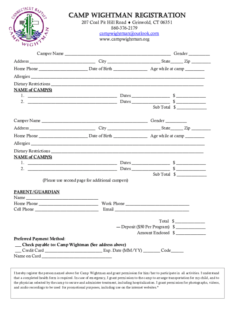 Fillable Online Camp Wightman 207 Coal Pit Hill Rd Jewett City, CT ...